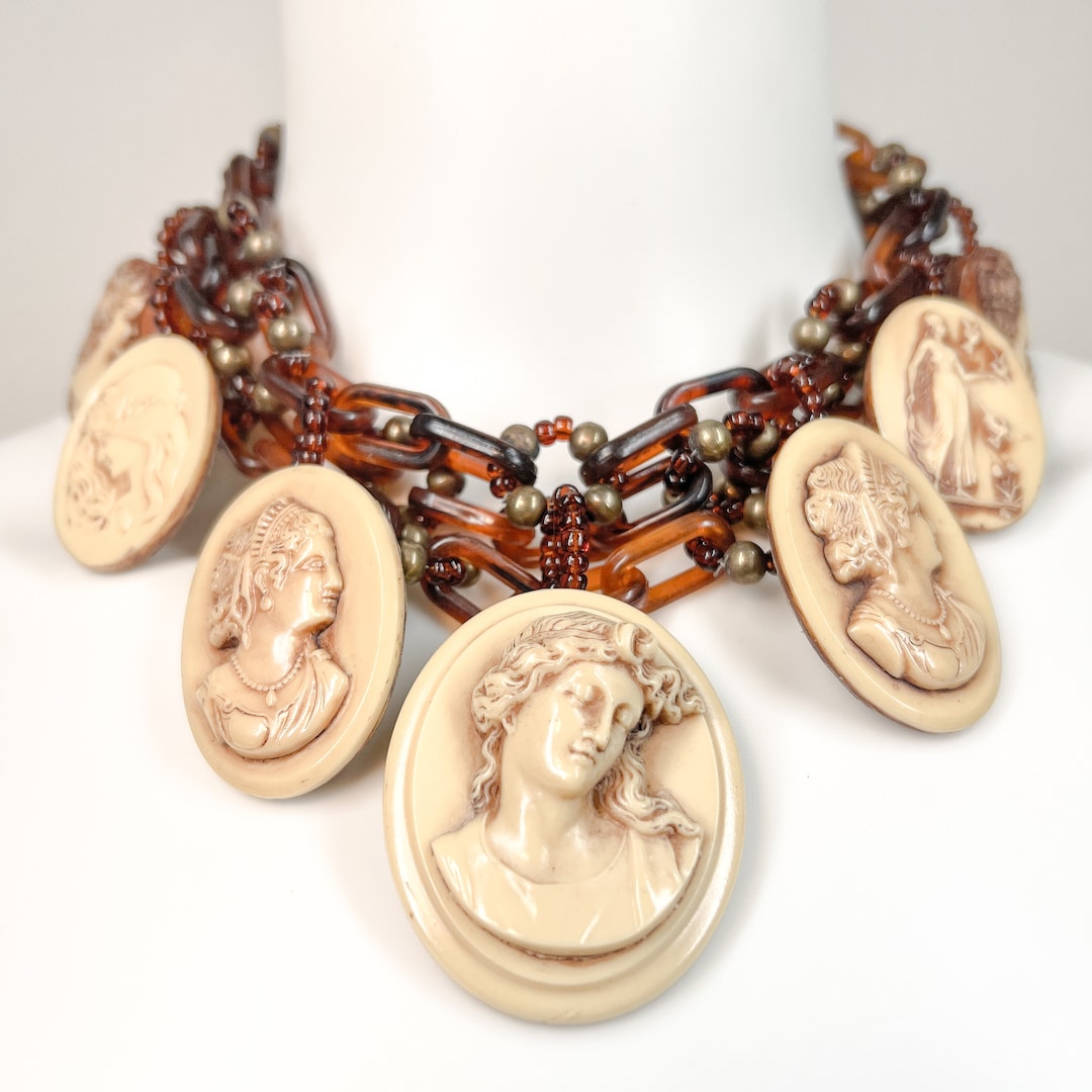 Cameo Chain Link Tortoise Shell Choker Necklace - 7 High Relief Cameos ...