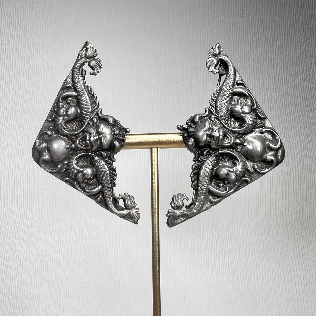 William Kerr Sterling Silver Gothic Collar Pins, Two Set, Gargoyle Face ...