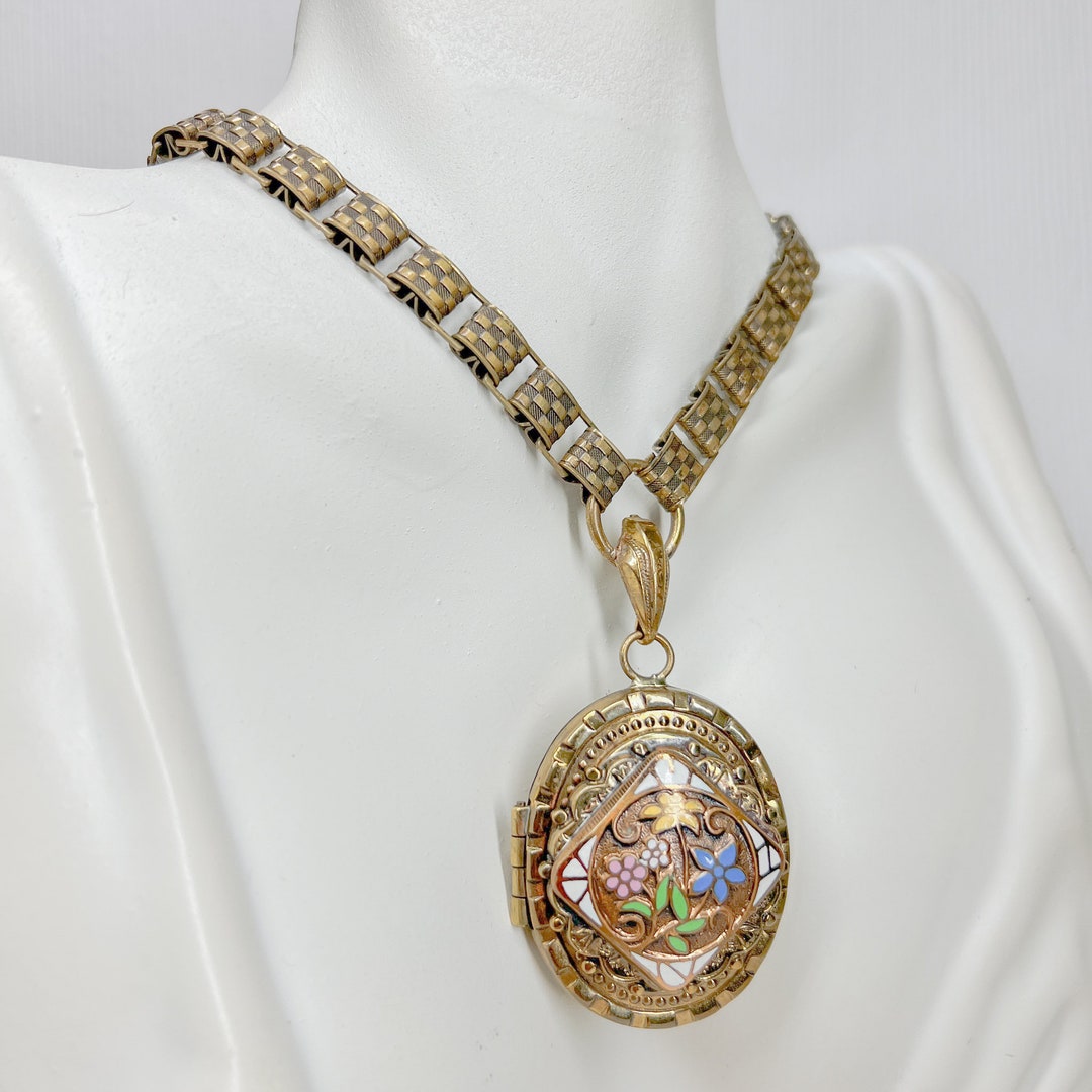 Rare Vintage Victorian Locket Gilded Brass Cloisonné Enamel Oval on ...