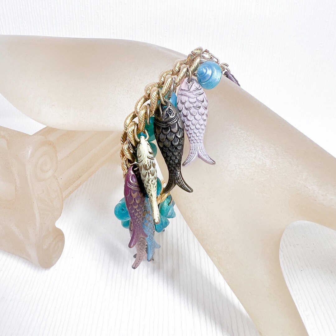 Vintage Enamel Fish Charm Bracelet: Teal, Pink, & Bronze, 1960s - Etsy