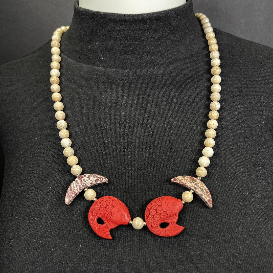 Vintage Red Cinnabar Fish Necklace: Leopard Jasper Moons, 14K Gold ...