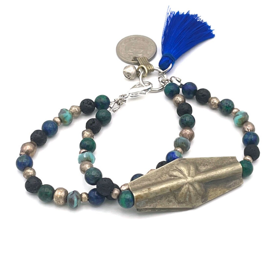 Azurite Double Strand Boho Bracelet / Blue Green Gemstone Two Strand ...