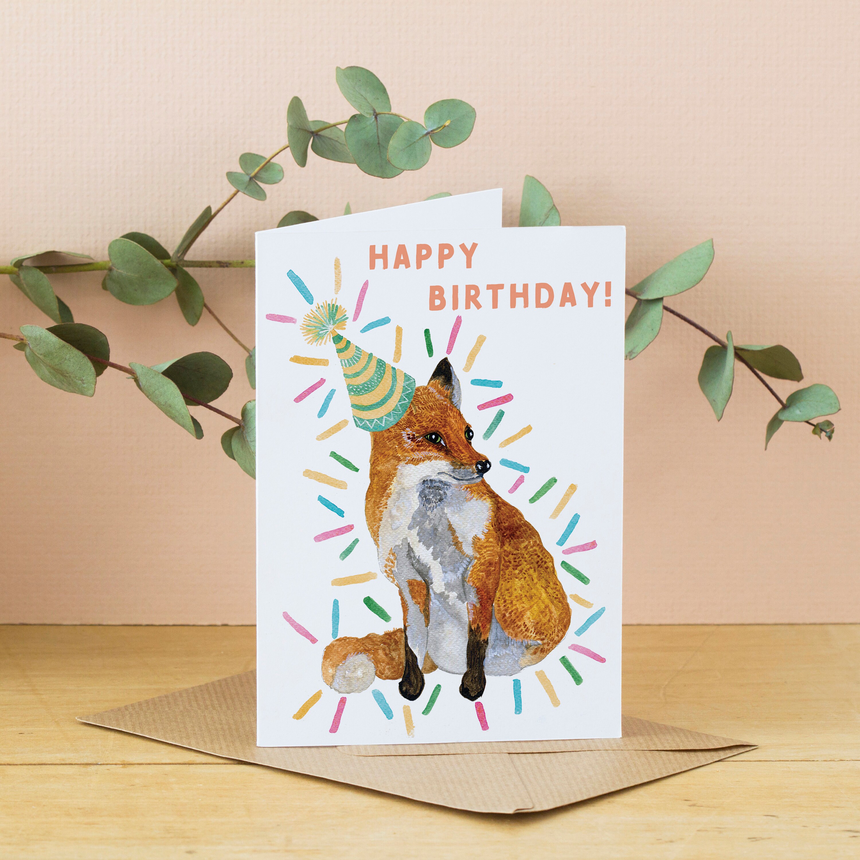 Happy Birthday Card Party Fox Illustrated Greeting Card - Etsy
