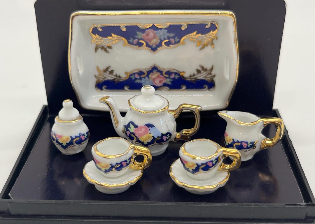 1/12 Reutter Dollhouse Miniature Tea Set With Tray Royal Blue Floral - Etsy
