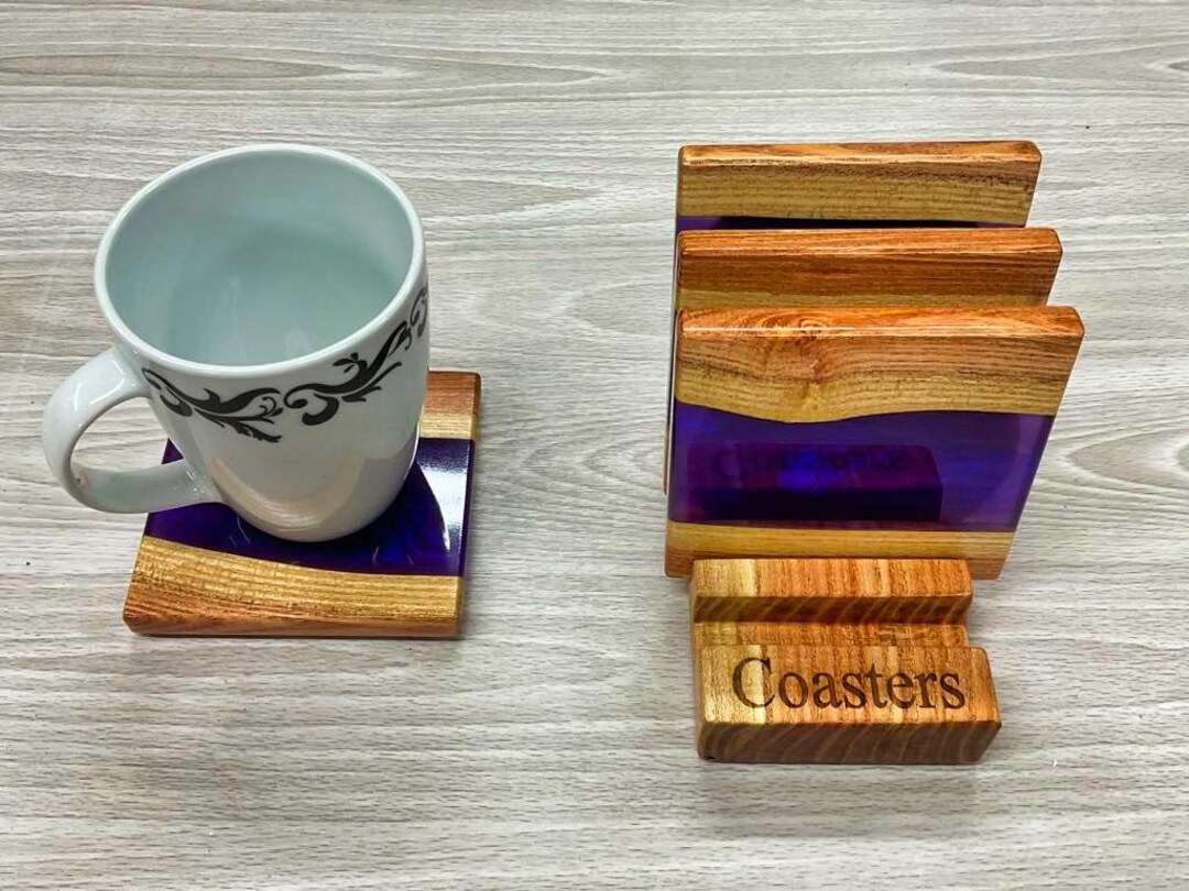 Epoxy & Live Edge Honey Locust Wood Drink Coaster Set of 4 With Holder ...