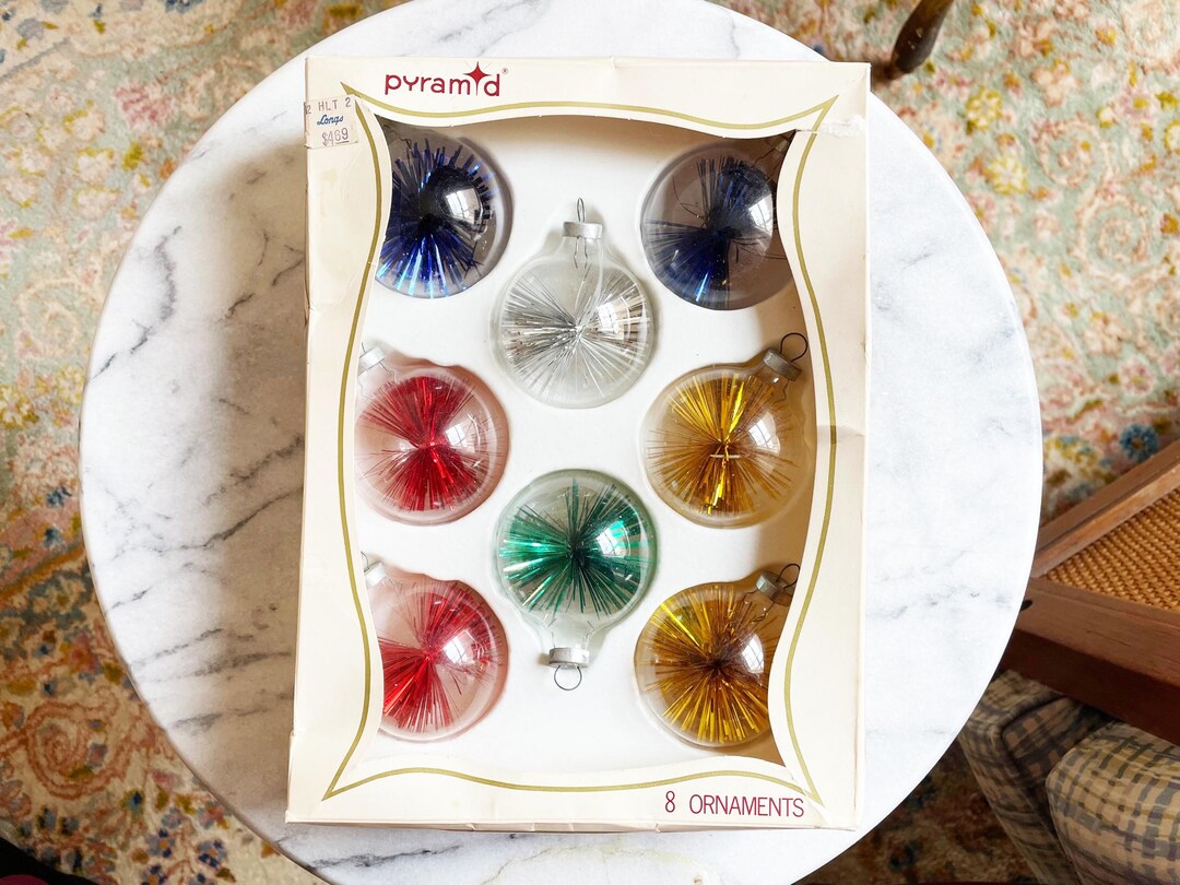Vintage Tinsel Inside Ball Pyramid Ornaments in Box Boxed Mercury Glass ...