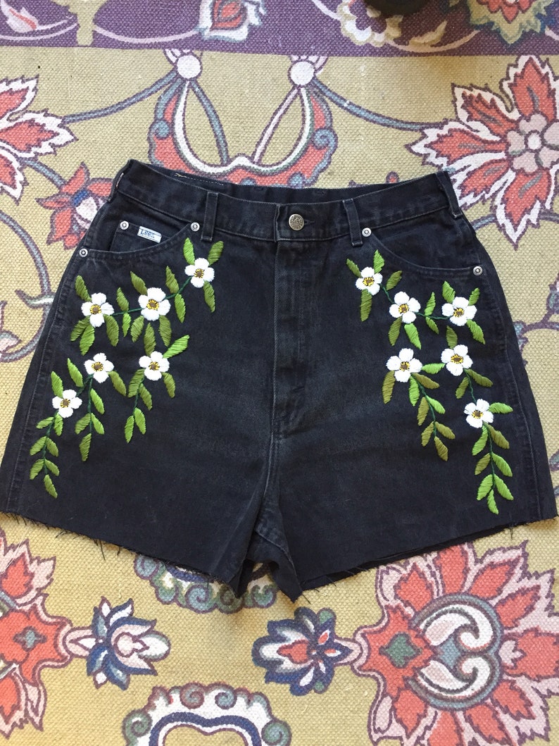 Floral Embroidered Black Denim Shorts Etsy
