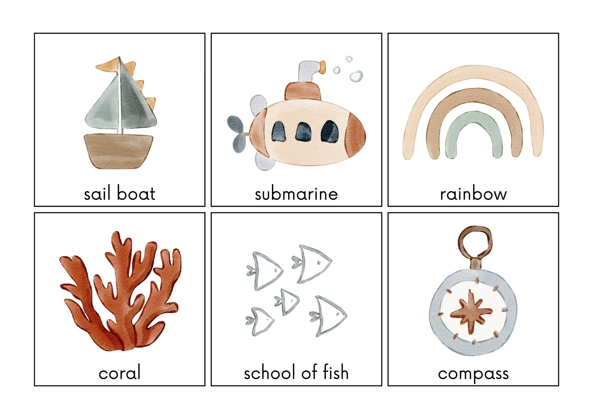 24 Ocean Themed Flash Cards - Montessori Flash Cards - INSTANT DOWNLOAD ...