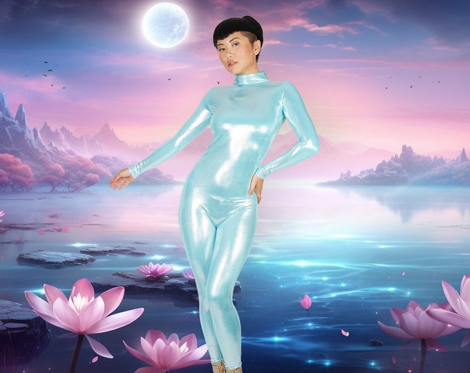 Hologram Iridescent Light Turquoise Blue Catsuit Spandex Jumpsuit