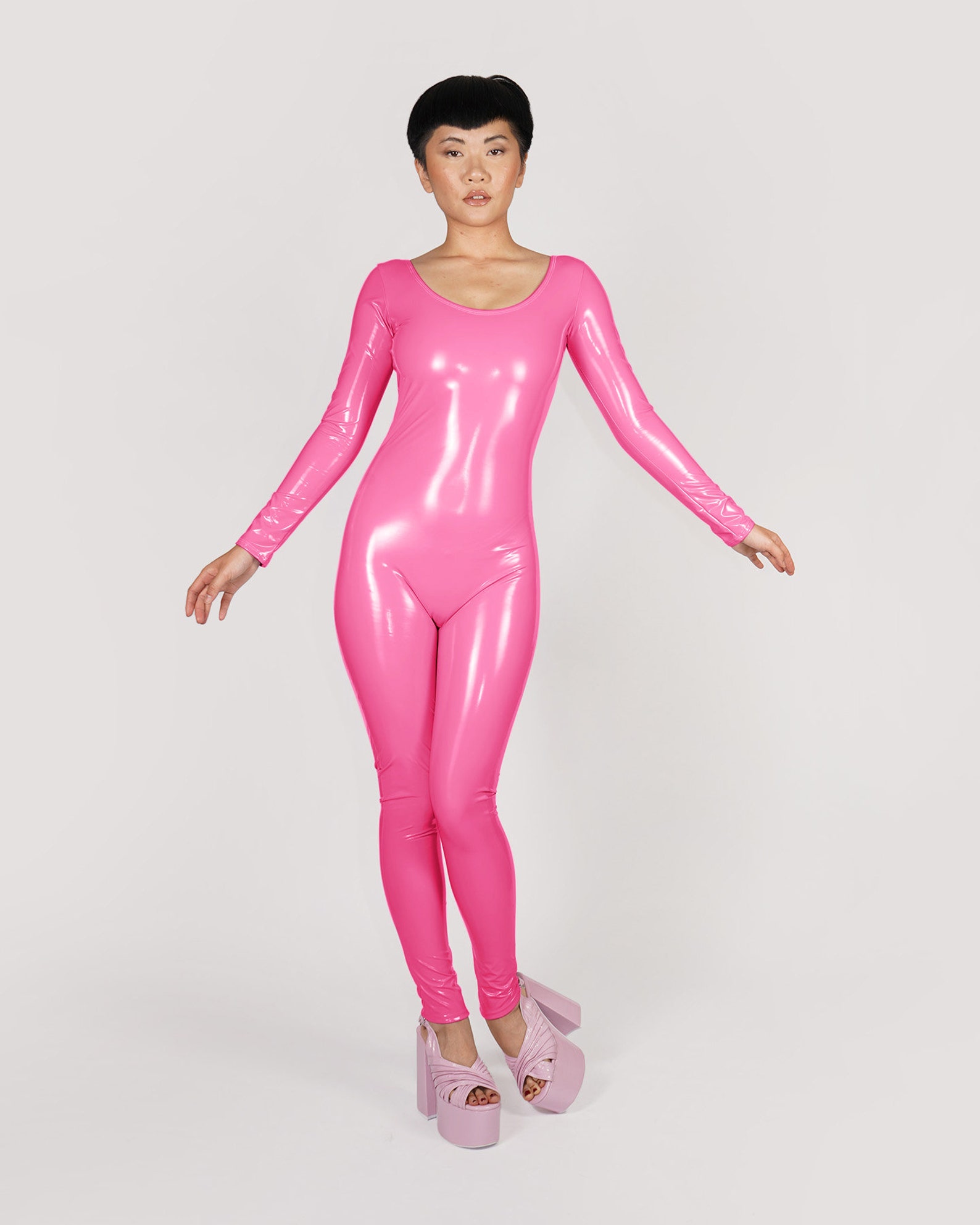 Hot Pink Stretch Vinyl Catsuit PVC PU Faux Latex Leather Scoop Neck ...