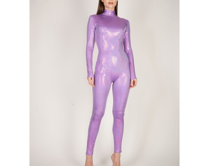 Shattered Glass Lilac Purple Catsuit Spandex Hologram Iridescent Jumpsuit Unitard Bodysuit ...