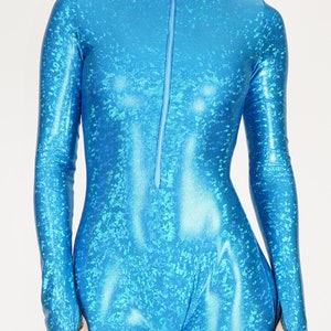 Royal Blue Shattered Glass Catsuit Front Zipper Hologram Jumpsuit Long ...