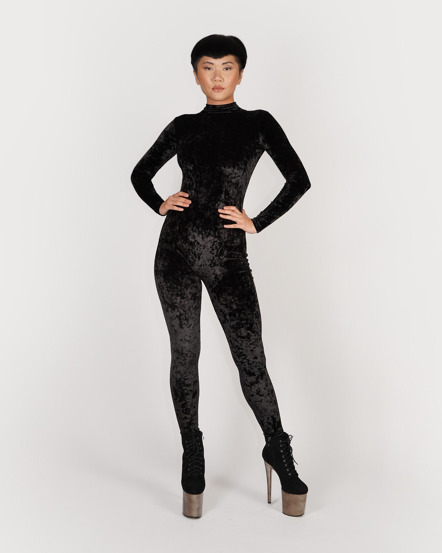 Black Crushed Stretch Velvet Catsuit Jumpsuit Unitard Bodysuit Long ...