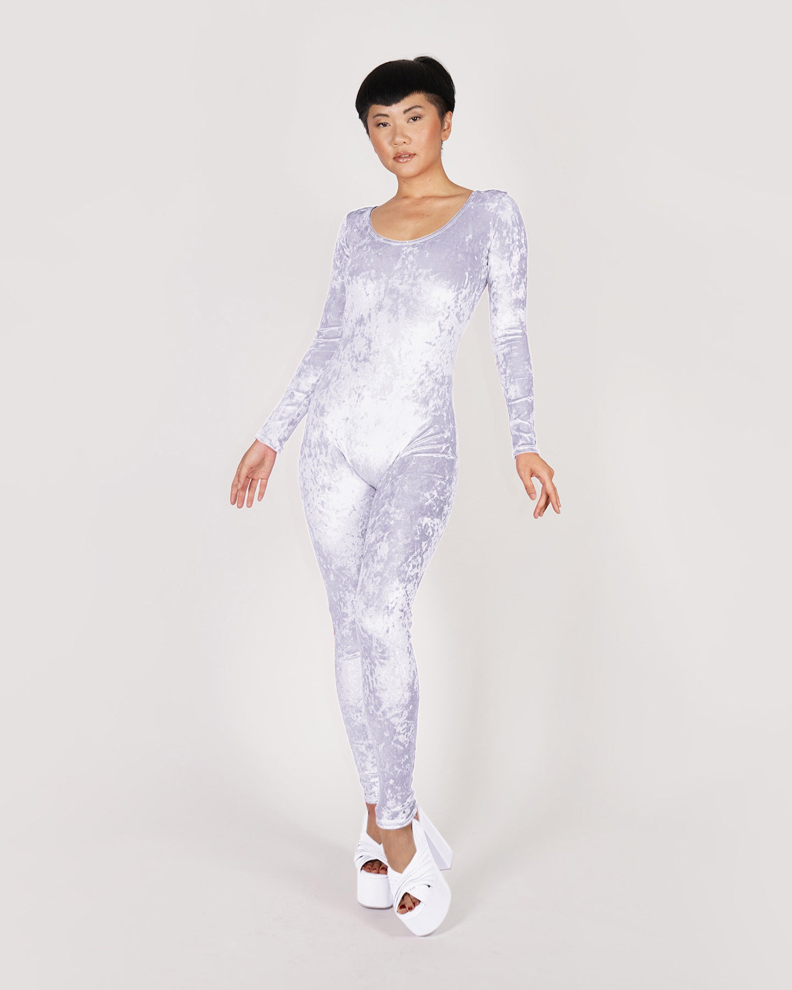 White Crushed Stretch Velvet Catsuit Jumpsuit Velour Unitard Bodysuit ...