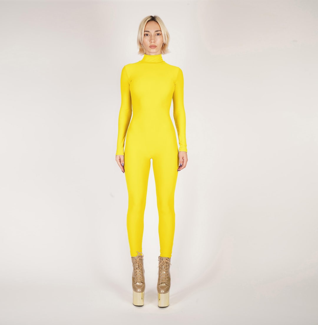 Matte Yellow Catsuit Turtle Neck Unitard Nylon Spandex Bodysuit ...