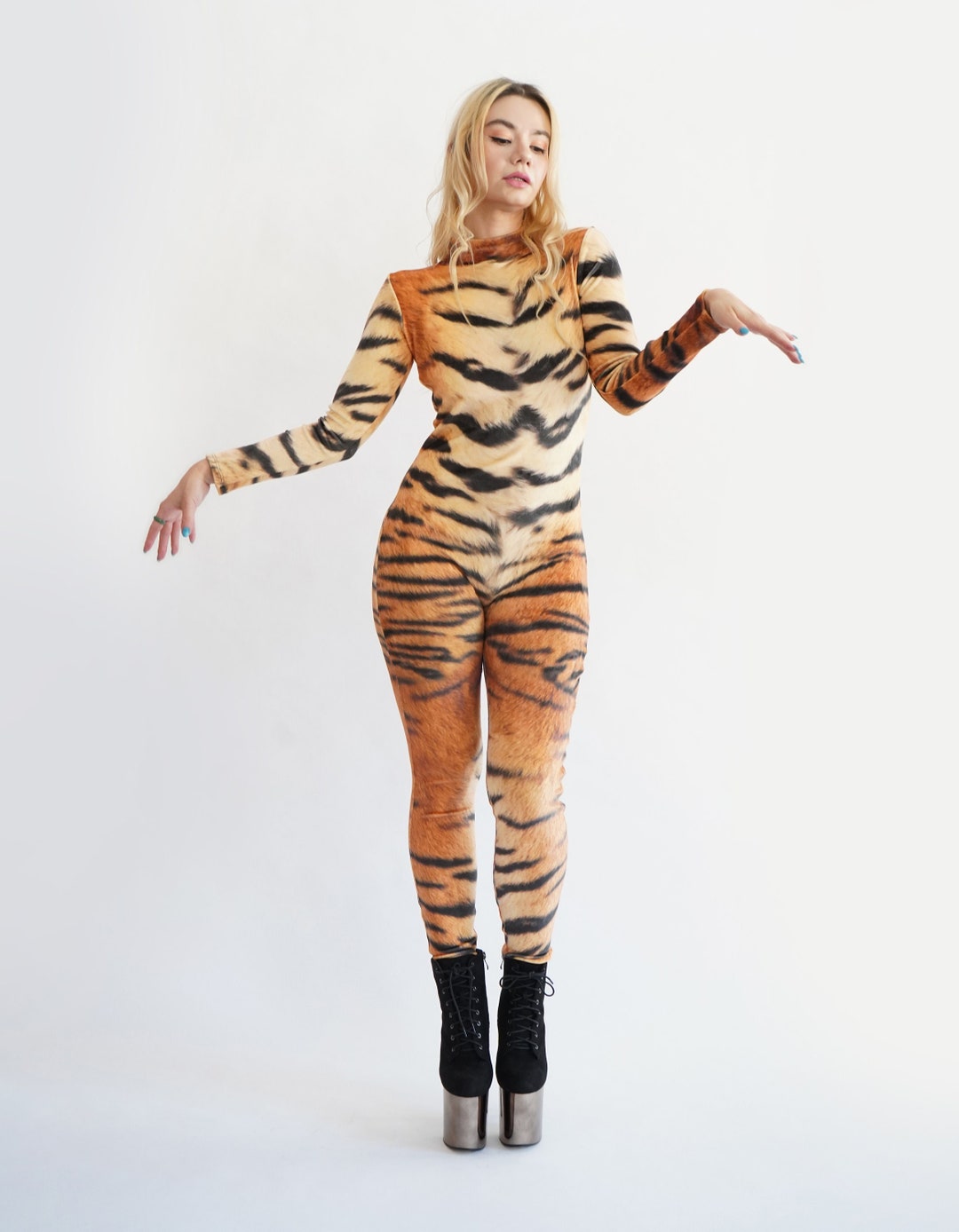 Tiger Print Velvet Catsuit Jumpsuit Animal Print Safari Unitard ...