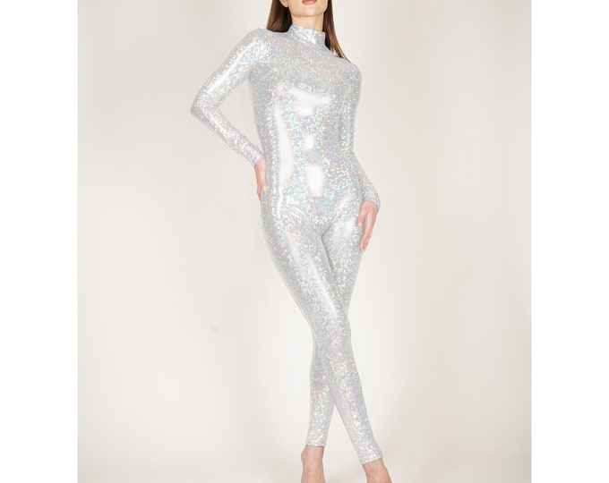Shattered Glass White Silver Catsuit Spandex Hologram Iridescent ...
