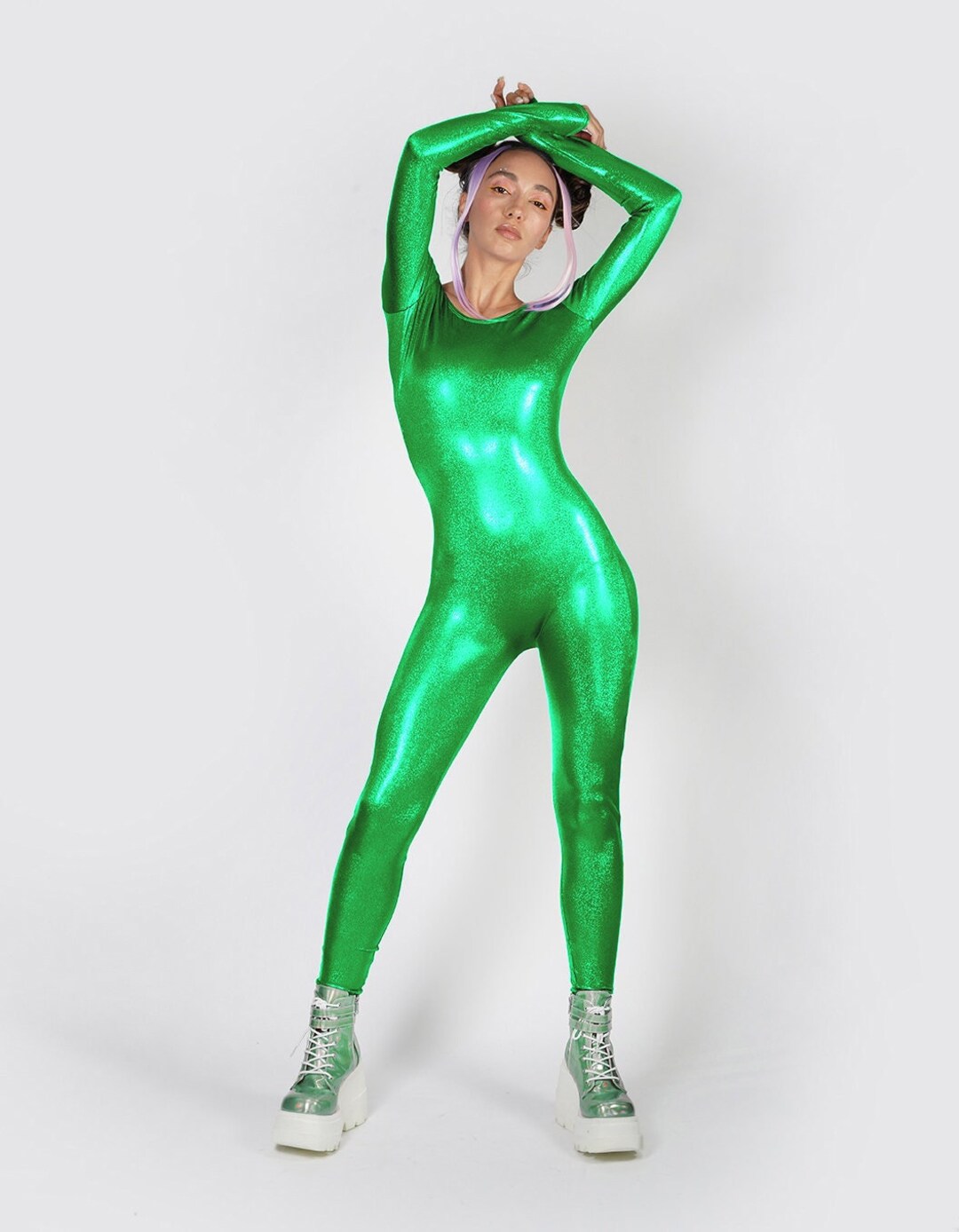 Hologram Iridescent Green Catsuit Spandex Jumpsuit Unitard Bodysuit