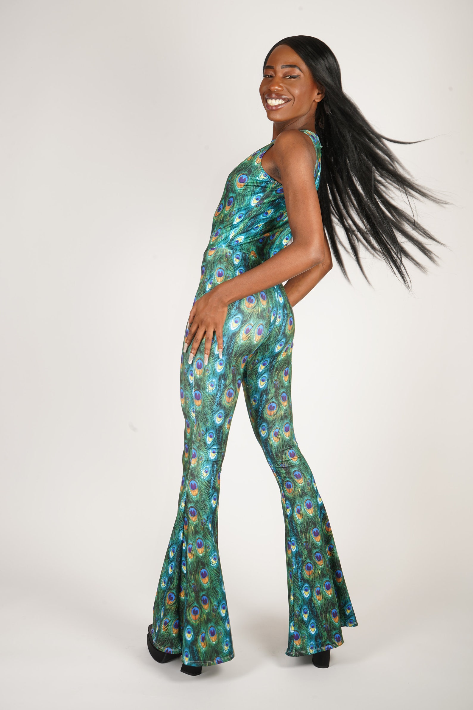 Peacock Print Flared Catsuit Spandex Jumpsuit / Feathers Bodysuit ...