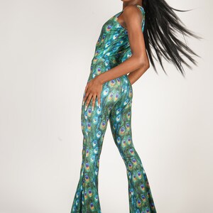 Peacock Print Flared Catsuit Spandex Jumpsuit / Feathers Bodysuit ...