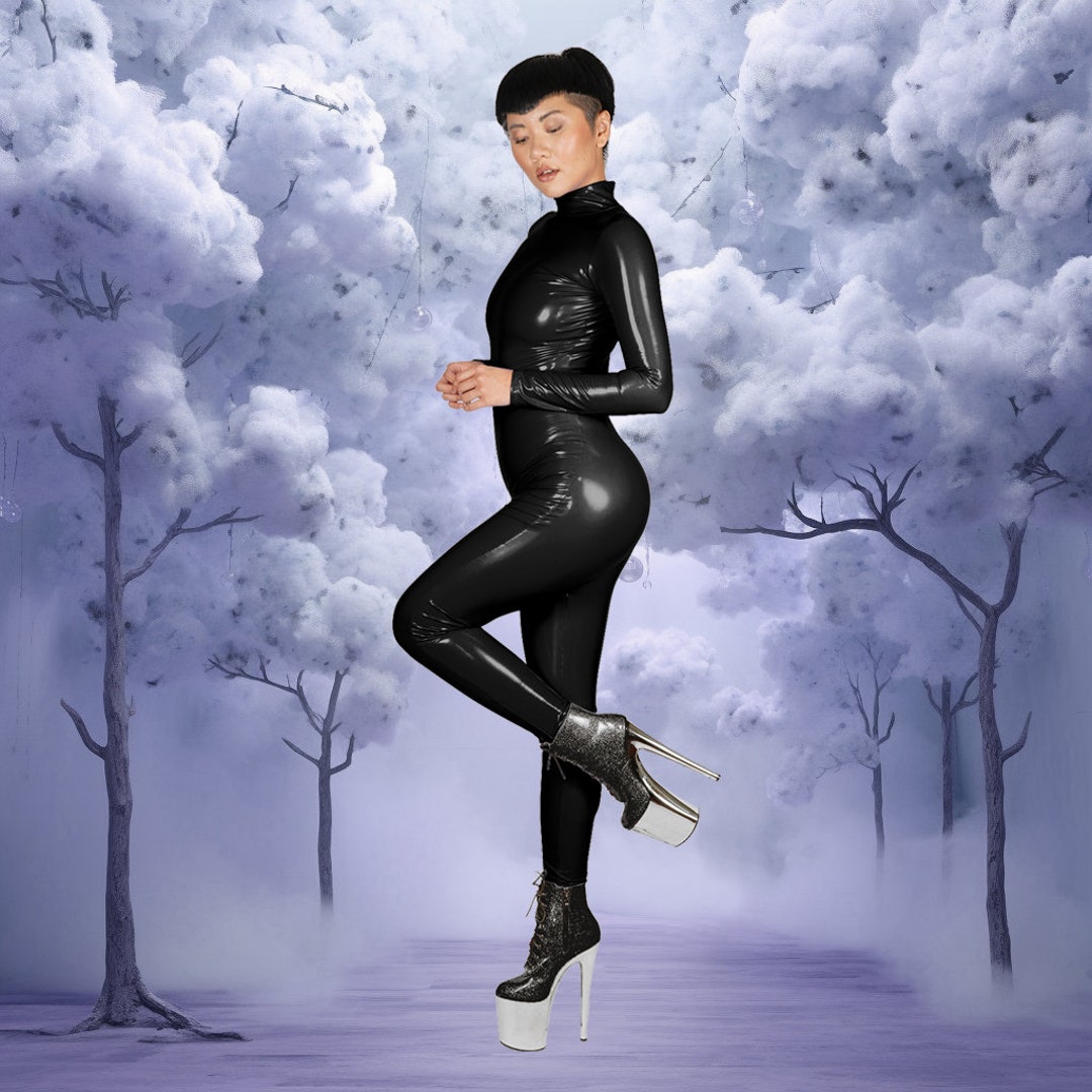 Black Stretch Vinyl Catsuit PVC PU Faux Latex Leather Turtle Neck ...