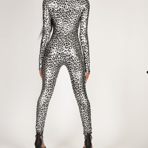 Metallic Silver Leopard Print Catsuit Front Zipper Jumpsuit Unitard ...