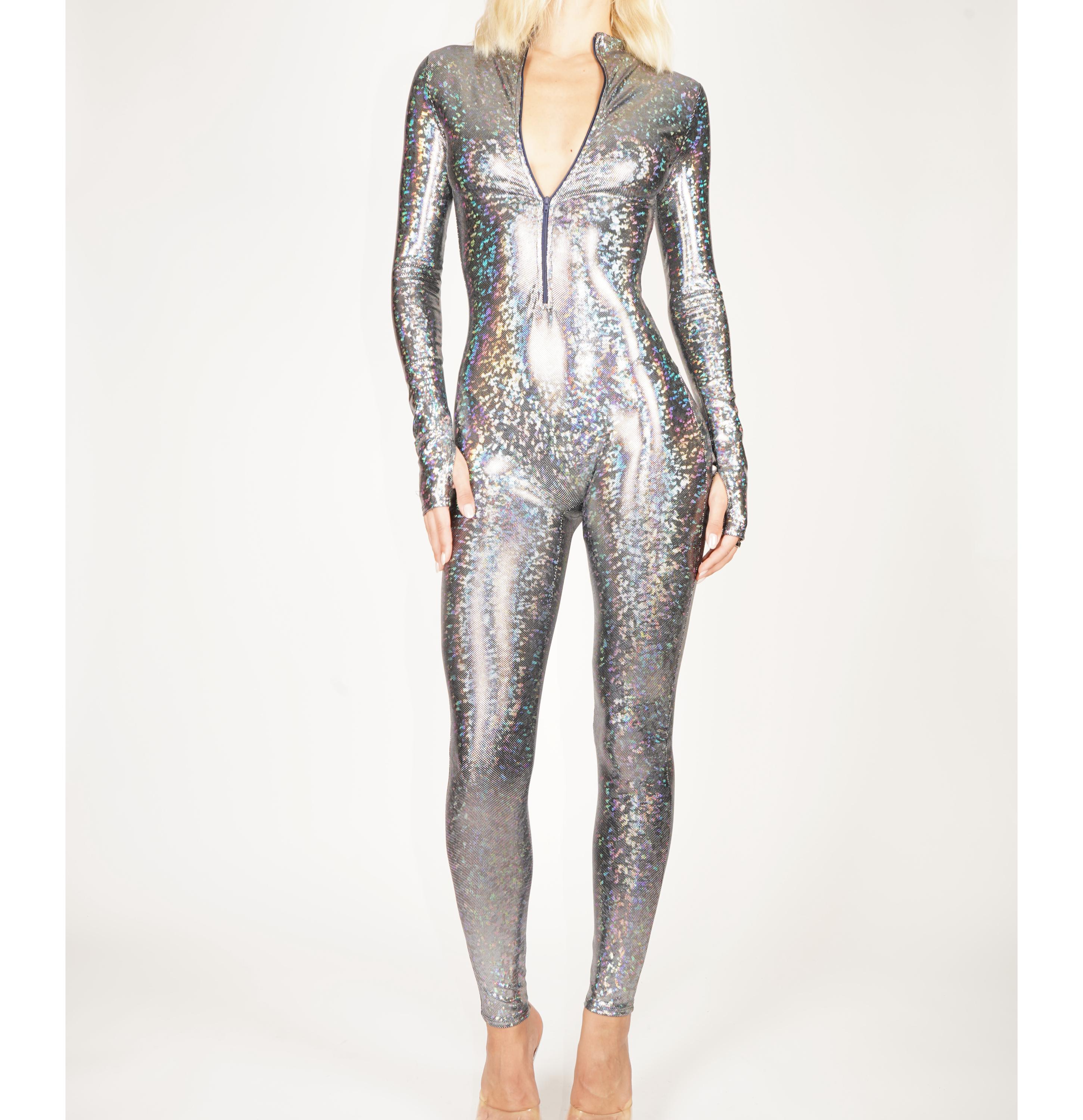 Sparkly Silver Black Catsuit Bodysuit Metallic Spandex Shattered Glass ...