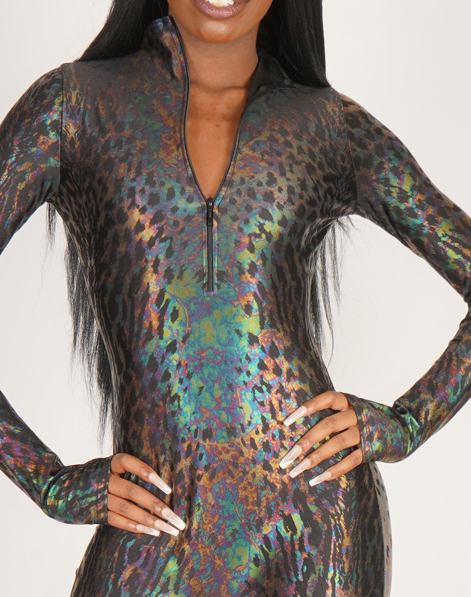 Oil Slick Metallic Black Catsuit Front Zipper Jumpsuit Unitard Bodysuit ...