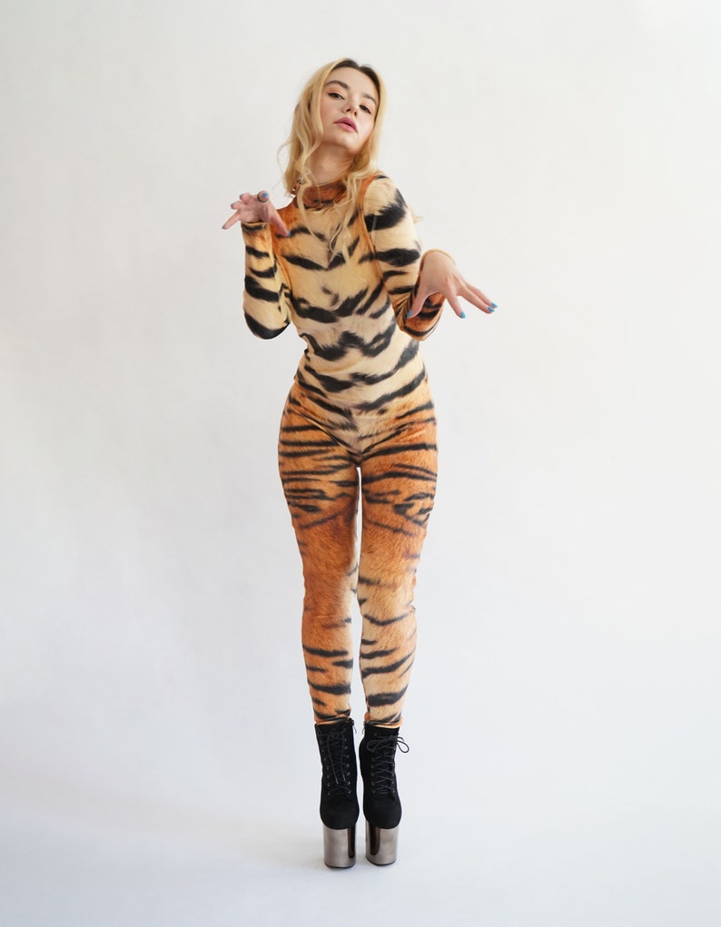 Tiger Print Velvet Catsuit Jumpsuit Animal Print Safari Unitard ...