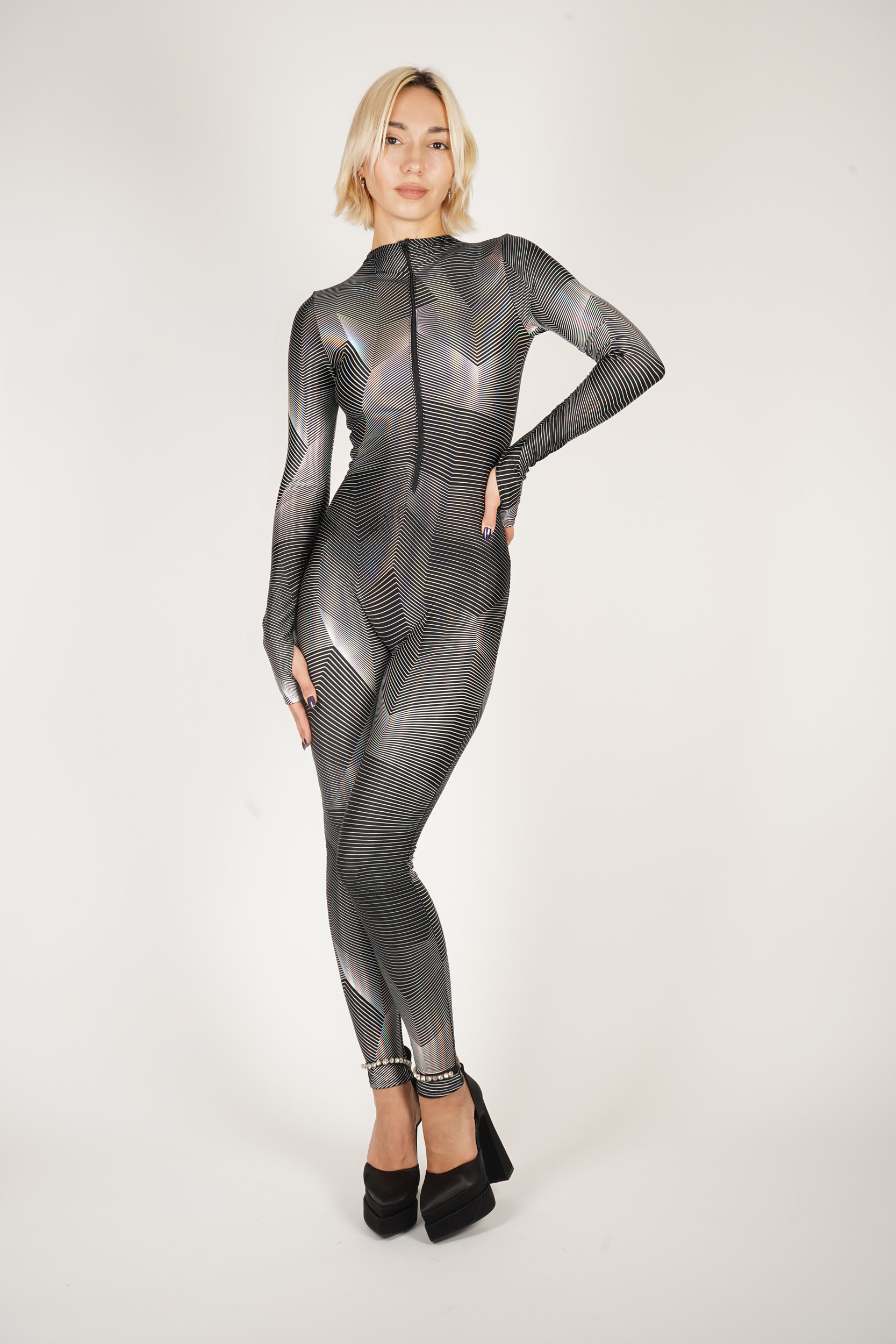 Metallic Silver Lines Geometric Print Catsuit Front Zipper Jumpsuit ...