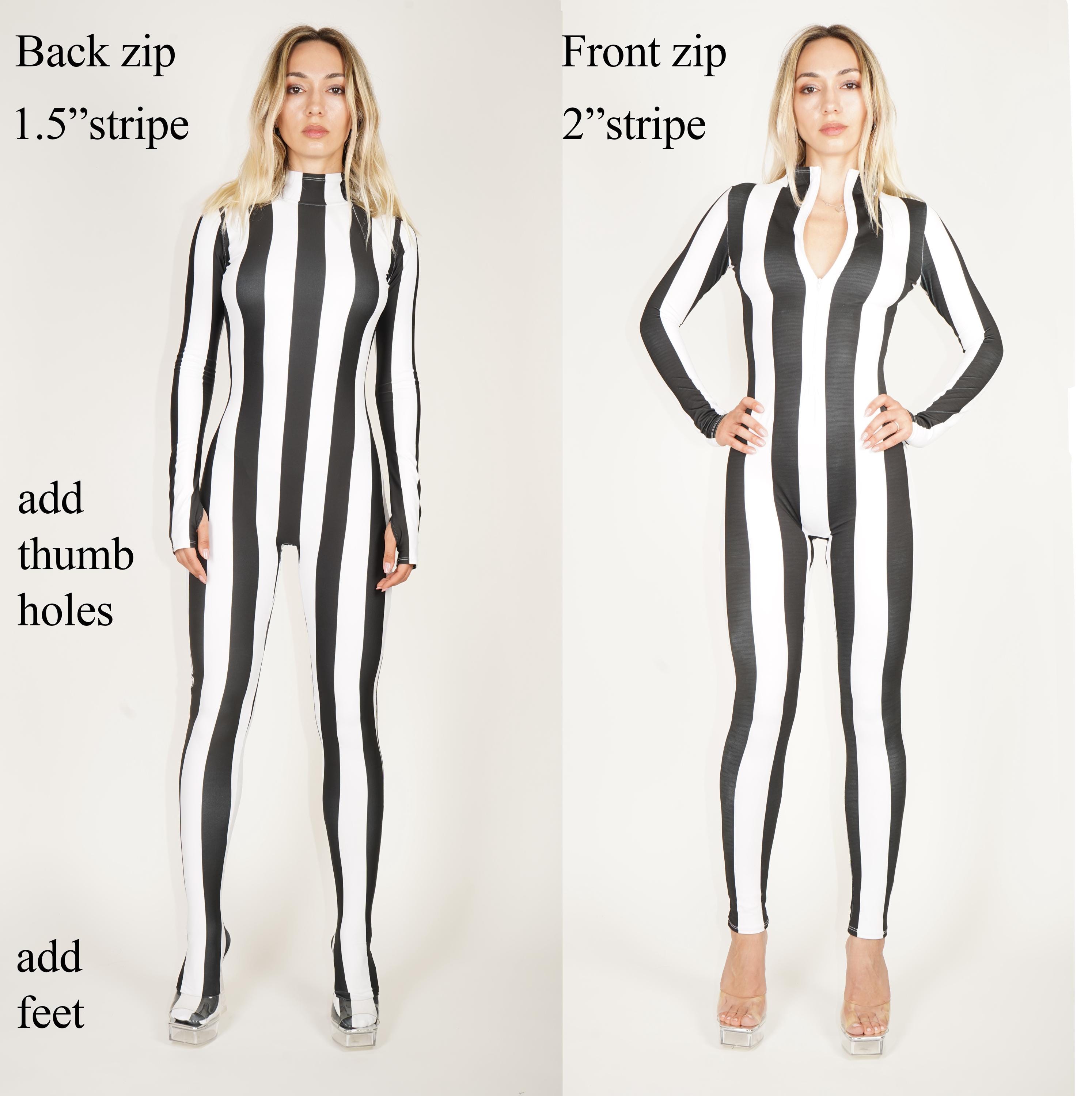 Black and White Striped Print Catsuit Spandex Jumpsuit Unitard Bodysuit ...