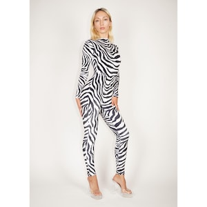 Zebra Stretch Velvet Catsuit Jumpsuit Black & White Velour Unitard ...