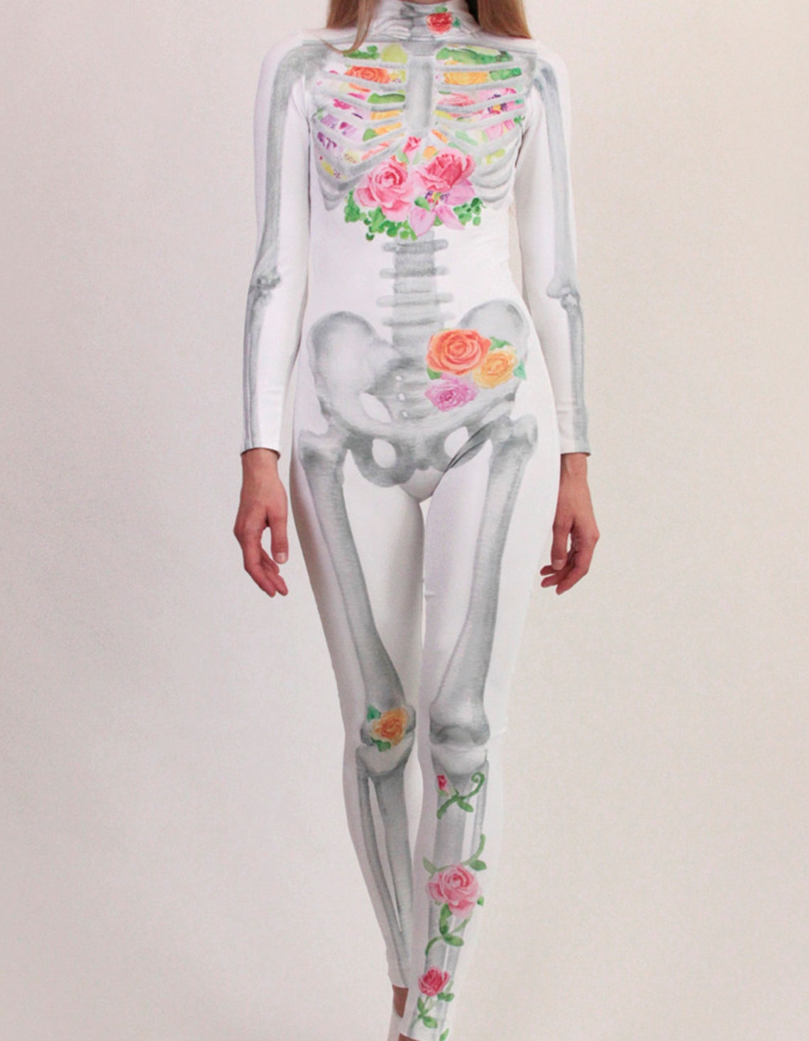 Day of the Dead Skeleton Flowers Watercolor Painting Catsuit Spandex ...