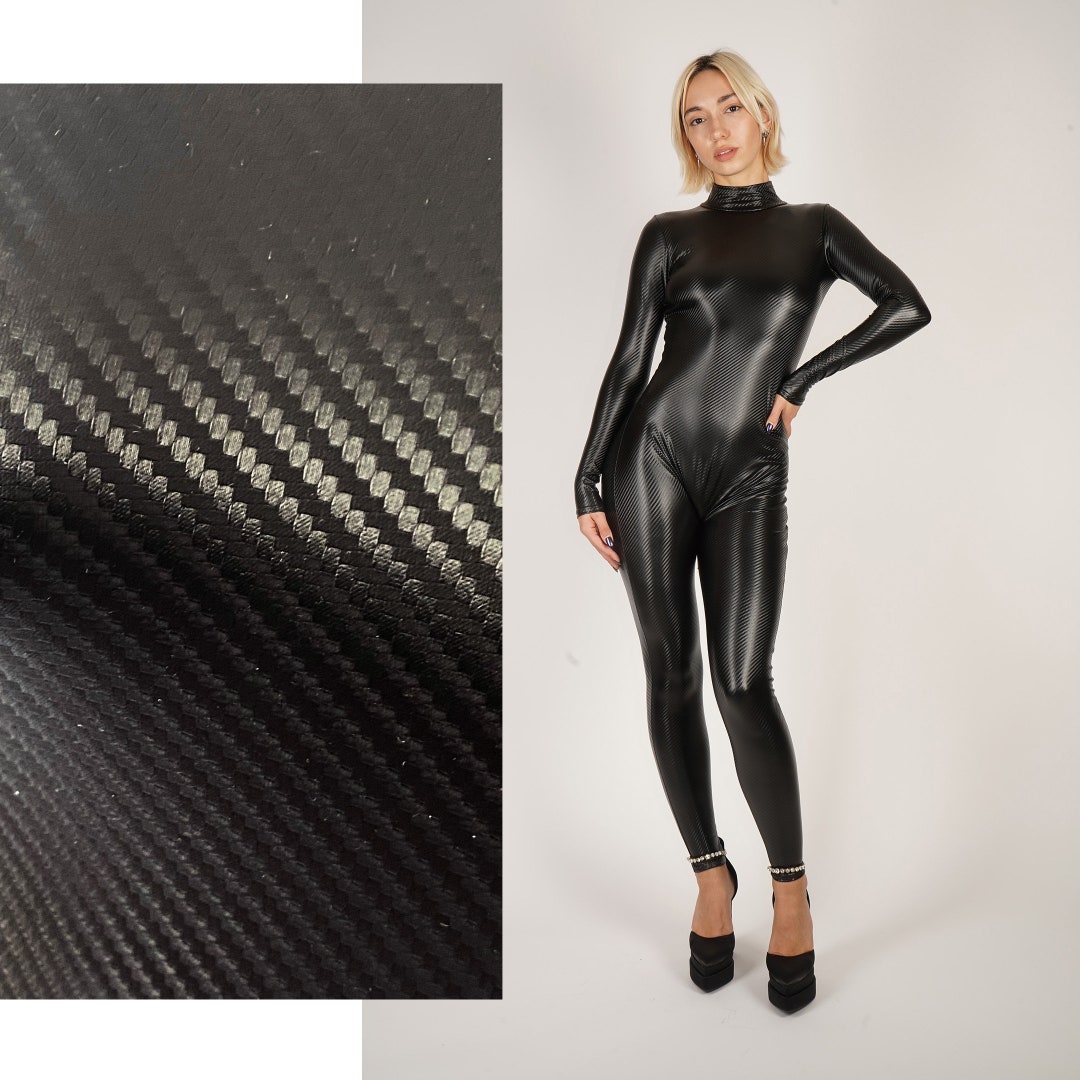 Carbon Fiber Look Black Stretch Vinyl Catsuit PU Turtle Neck Bodysuit ...