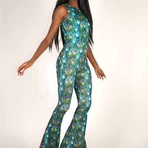 Peacock Print Flared Catsuit Spandex Jumpsuit / Feathers Bodysuit ...