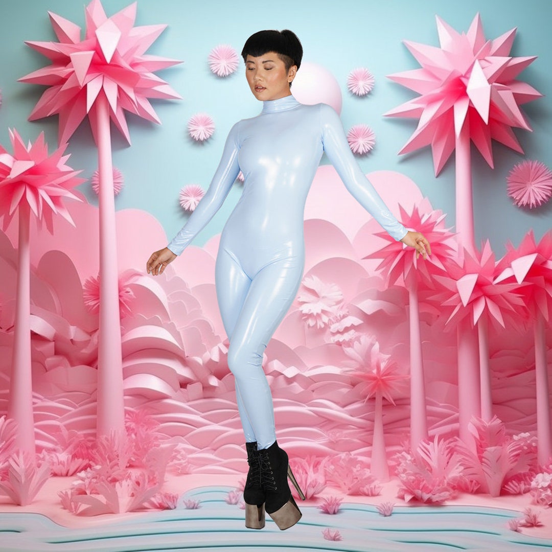 Light Blue Stretch Vinyl Catsuit PVC PU Faux Leather Faux Latex ...