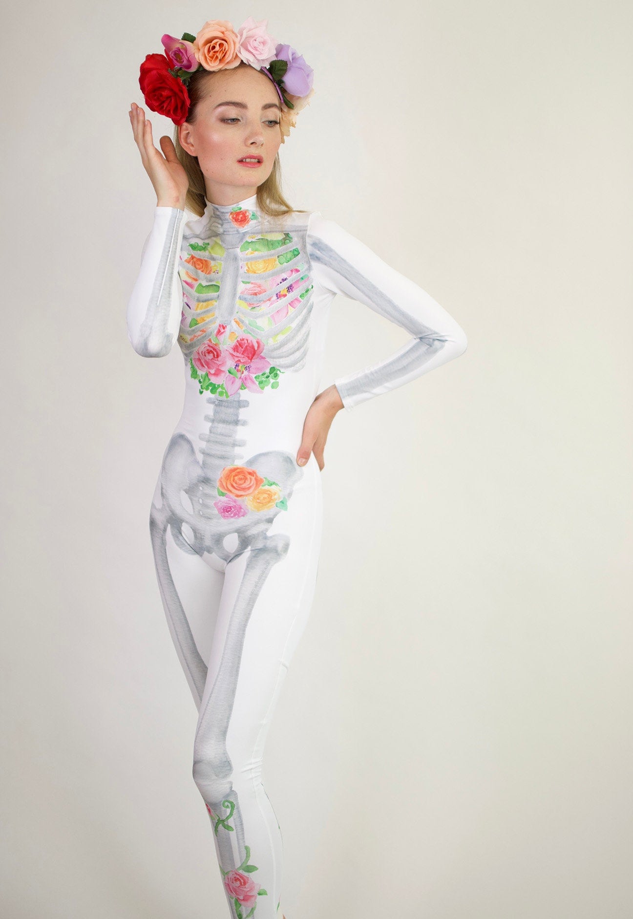 Day of the Dead Skeleton Flowers Watercolor Painting Catsuit Spandex ...