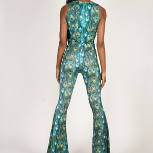 Peacock Print Flared Catsuit Spandex Jumpsuit / Feathers Bodysuit ...