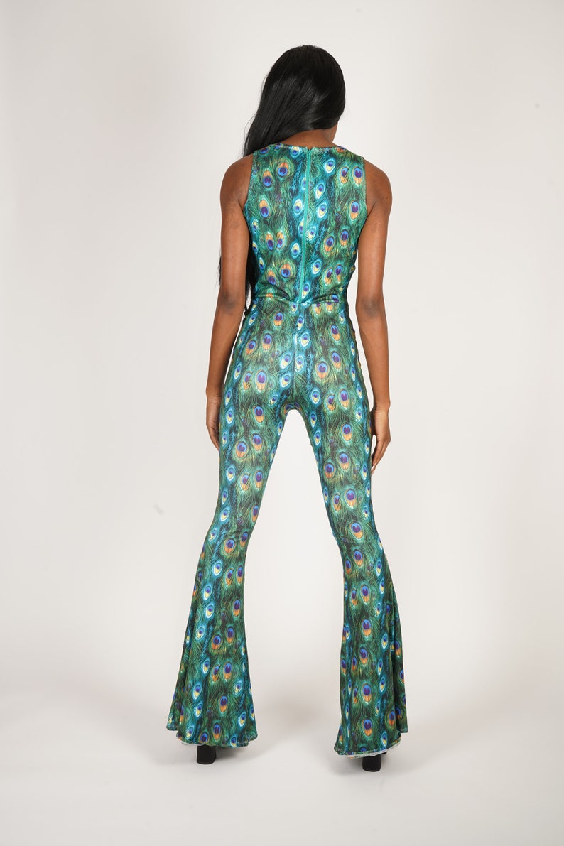 Peacock Print Flared Catsuit Spandex Jumpsuit / Feathers Bodysuit ...