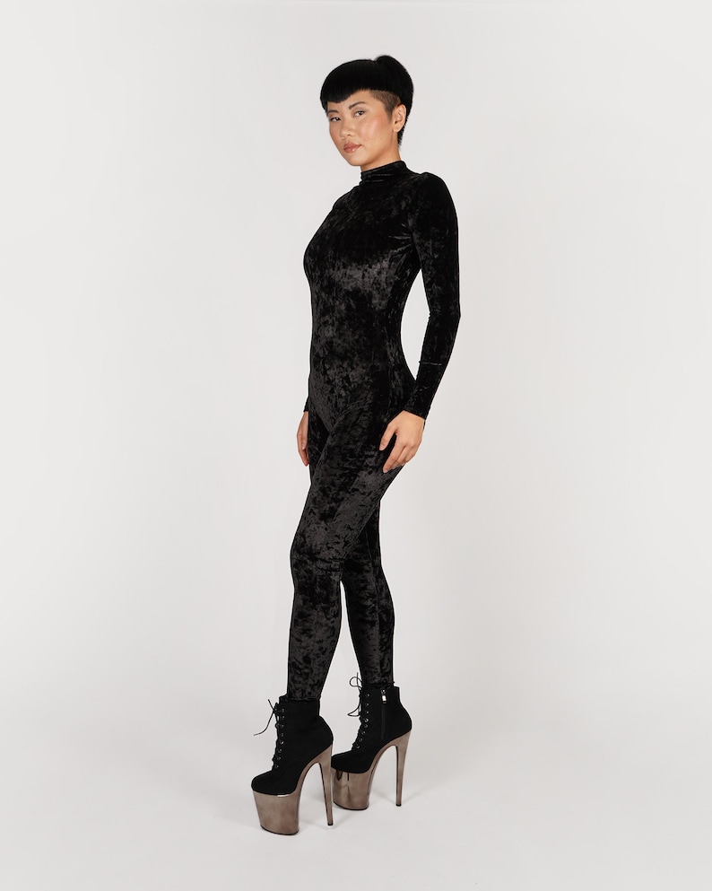 Black Crushed Stretch Velvet Catsuit Jumpsuit Unitard Bodysuit - Etsy