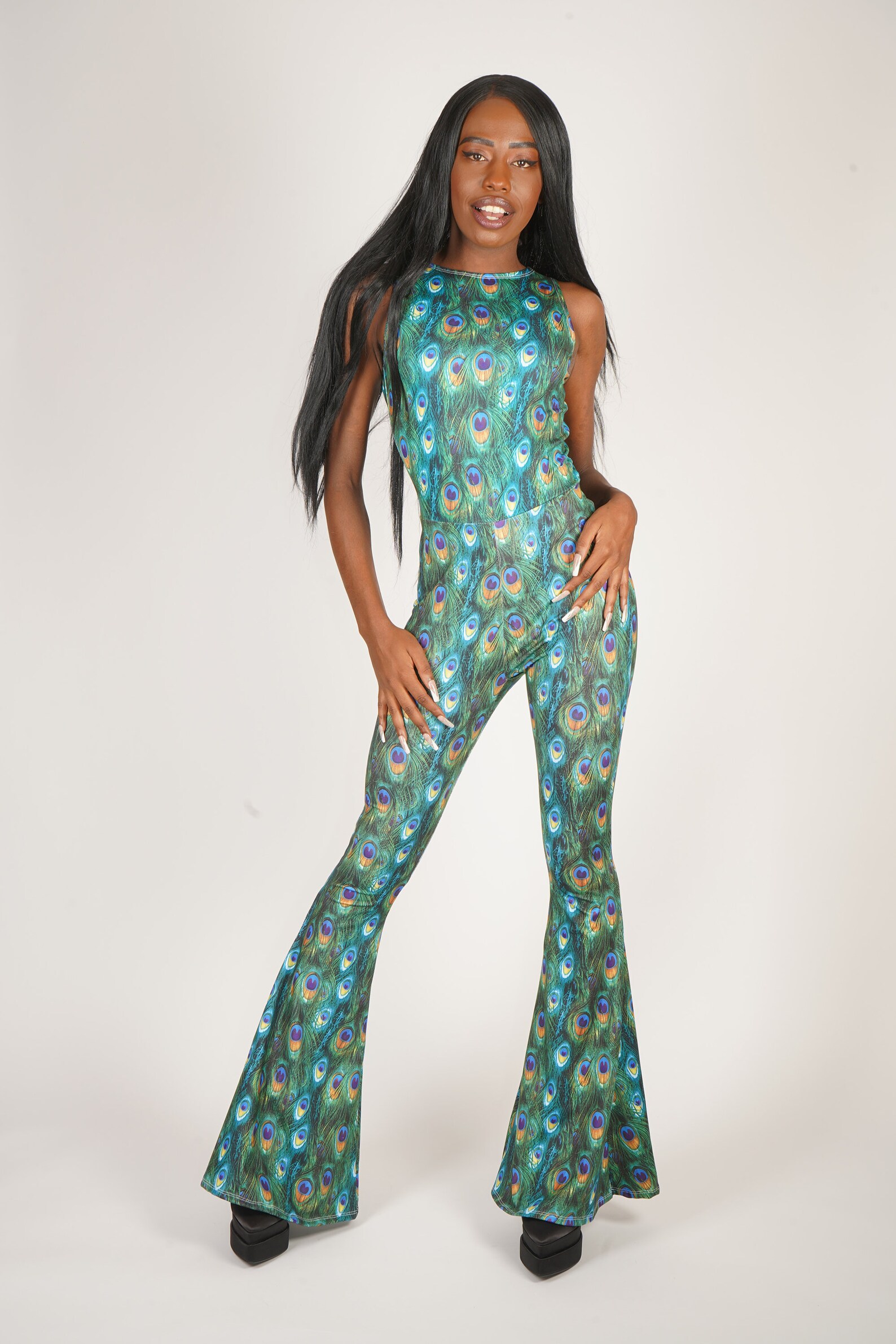 Peacock Print Flared Catsuit Spandex Jumpsuit / Feathers Bodysuit ...