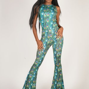 Peacock Print Flared Catsuit Spandex Jumpsuit / Feathers Bodysuit ...