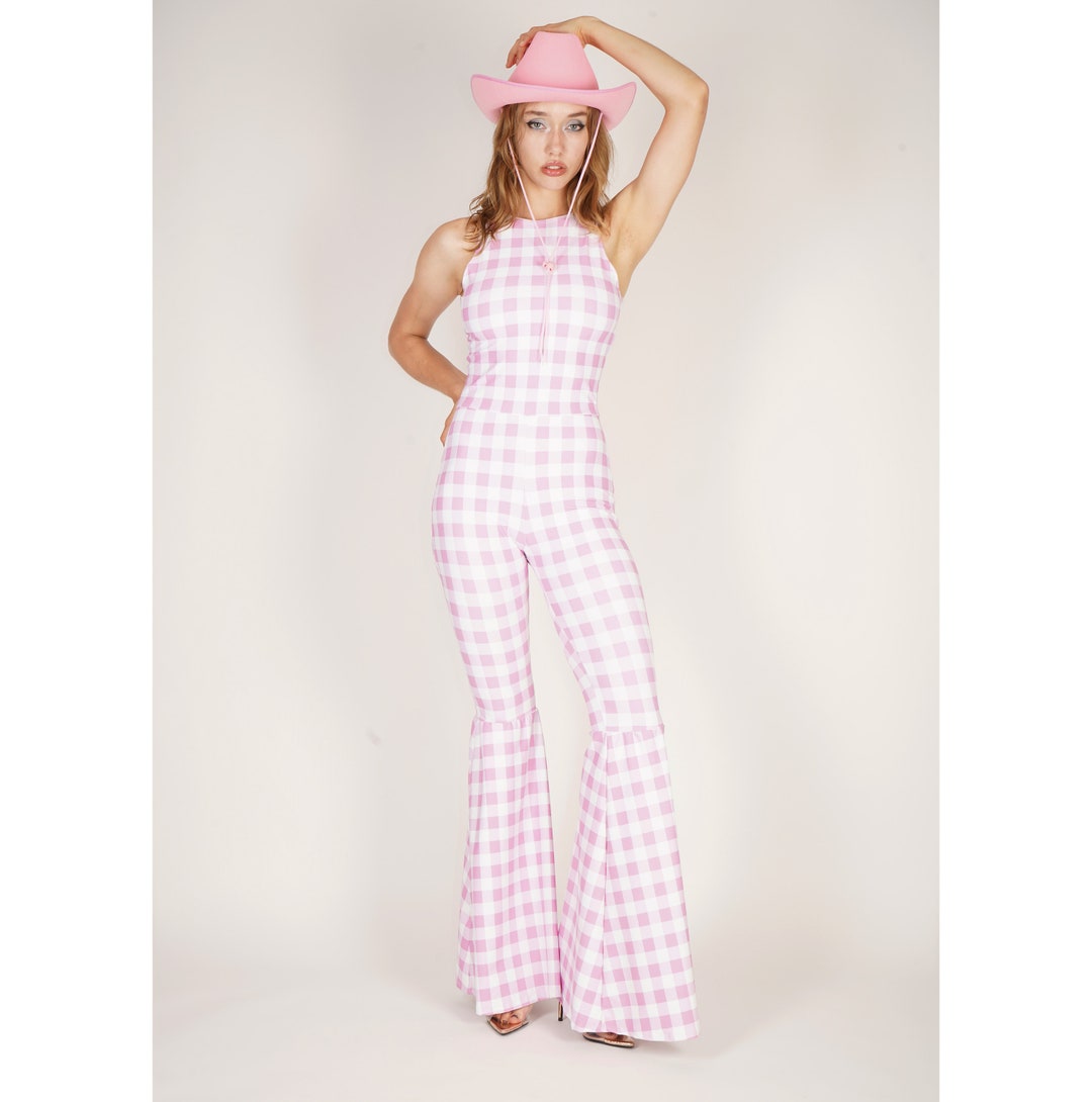 Pink Plaid Flared Jumpsuit Spandex Bodysuit Barbie Costume Bell Bottom ...