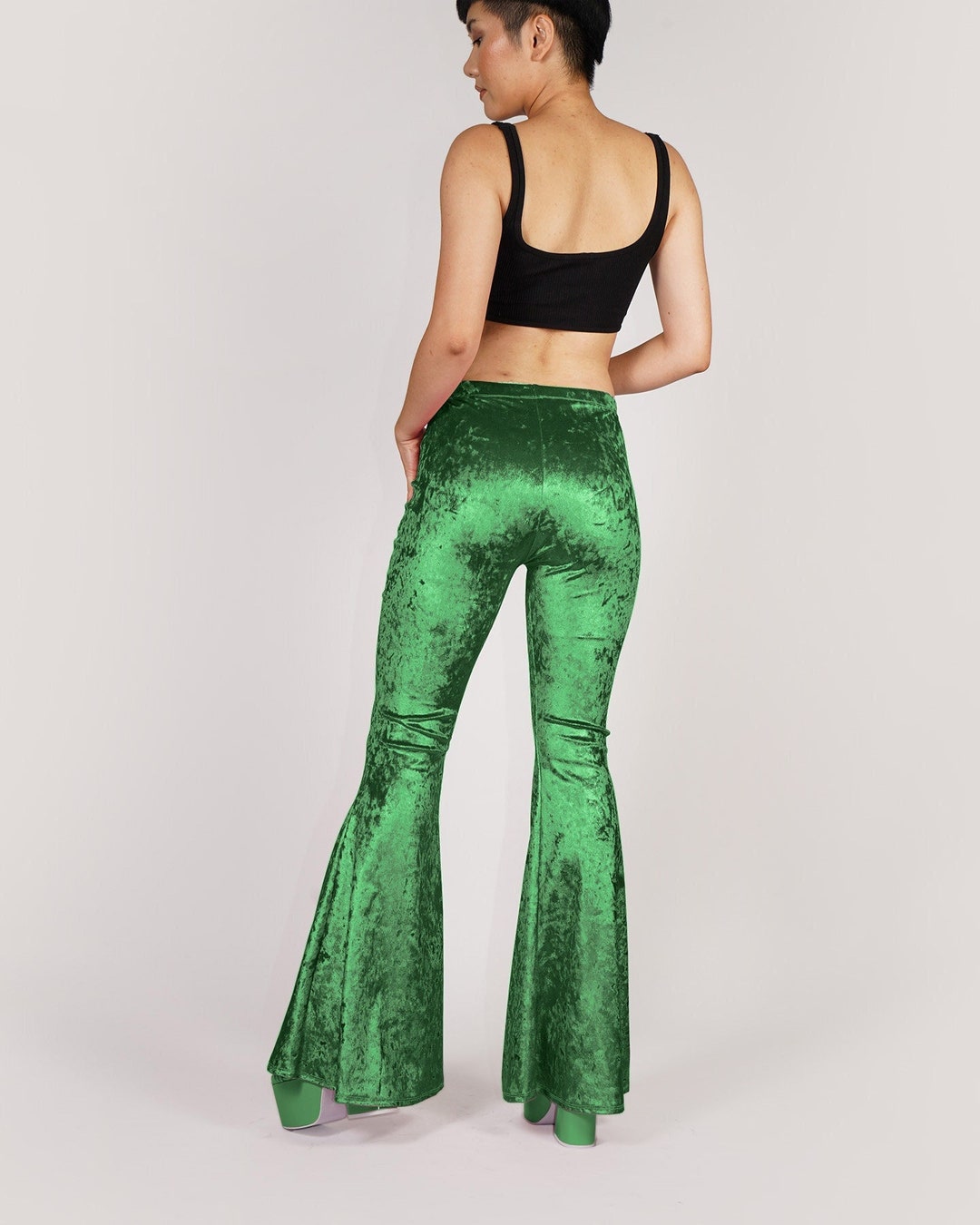 Metallic Kelly Green Crushed Velvet Flare Leggings Customizable High ...