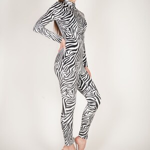 Zebra Stretch Velvet Catsuit Jumpsuit Black and White Velour Unitard ...