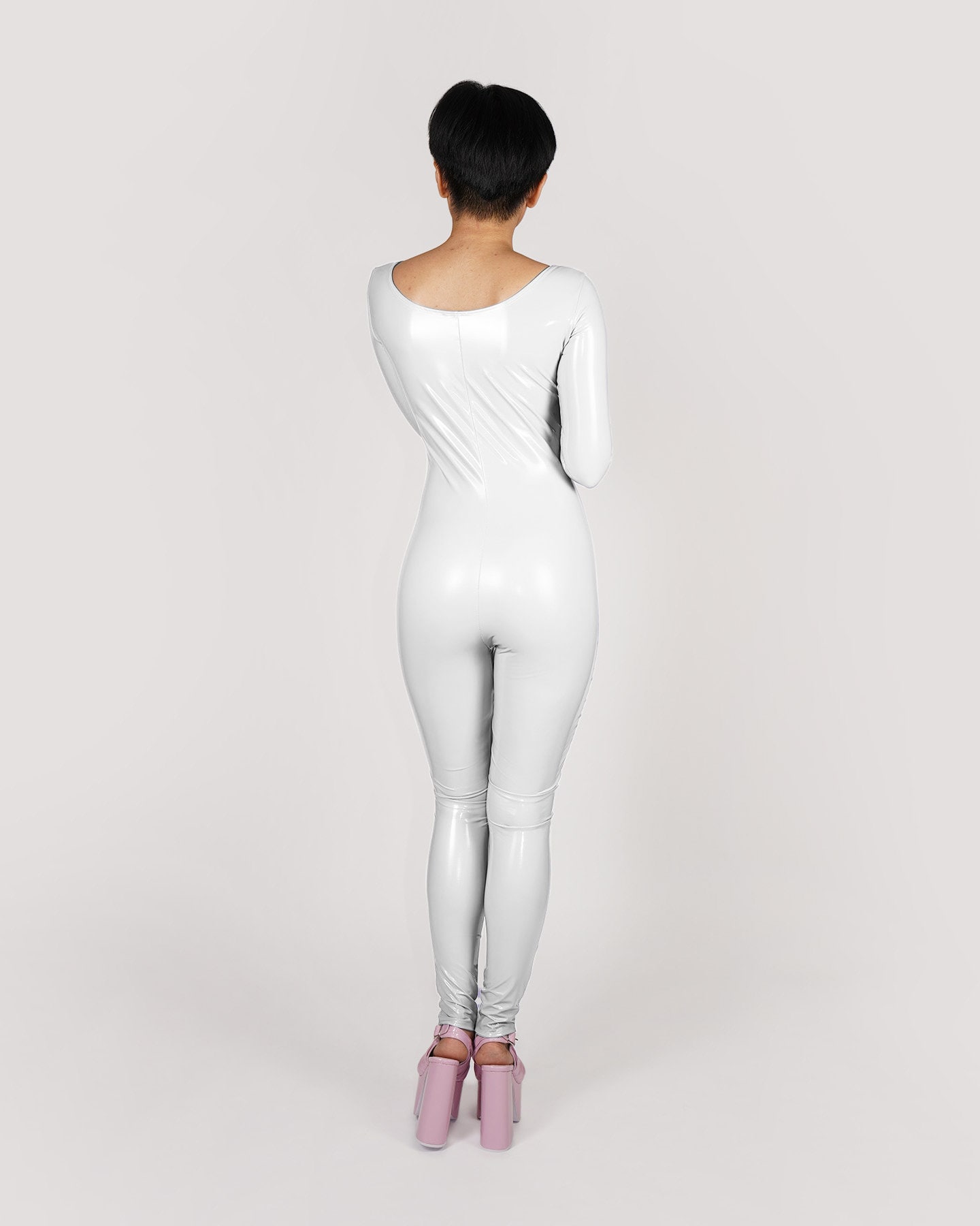 Weiß Stretch Vinyl Catsuit PVC PU Faux Latex Vegan Leder Rollkragen ...