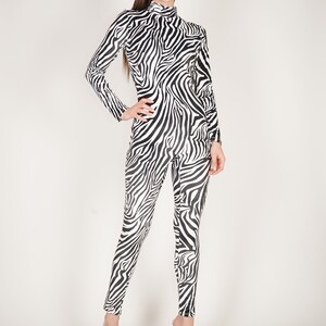 Zebra Stretch Velvet Catsuit Jumpsuit Black and White Velour Unitard ...