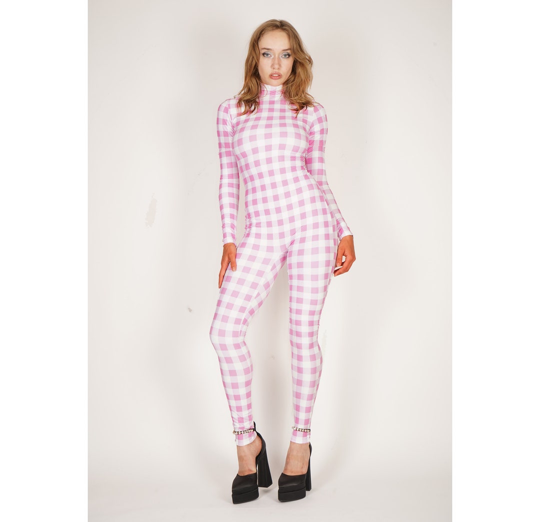 Pink Plaid Catsuit Spandex Bodysuit Barbie Costume Jumpsuit Onesie ...