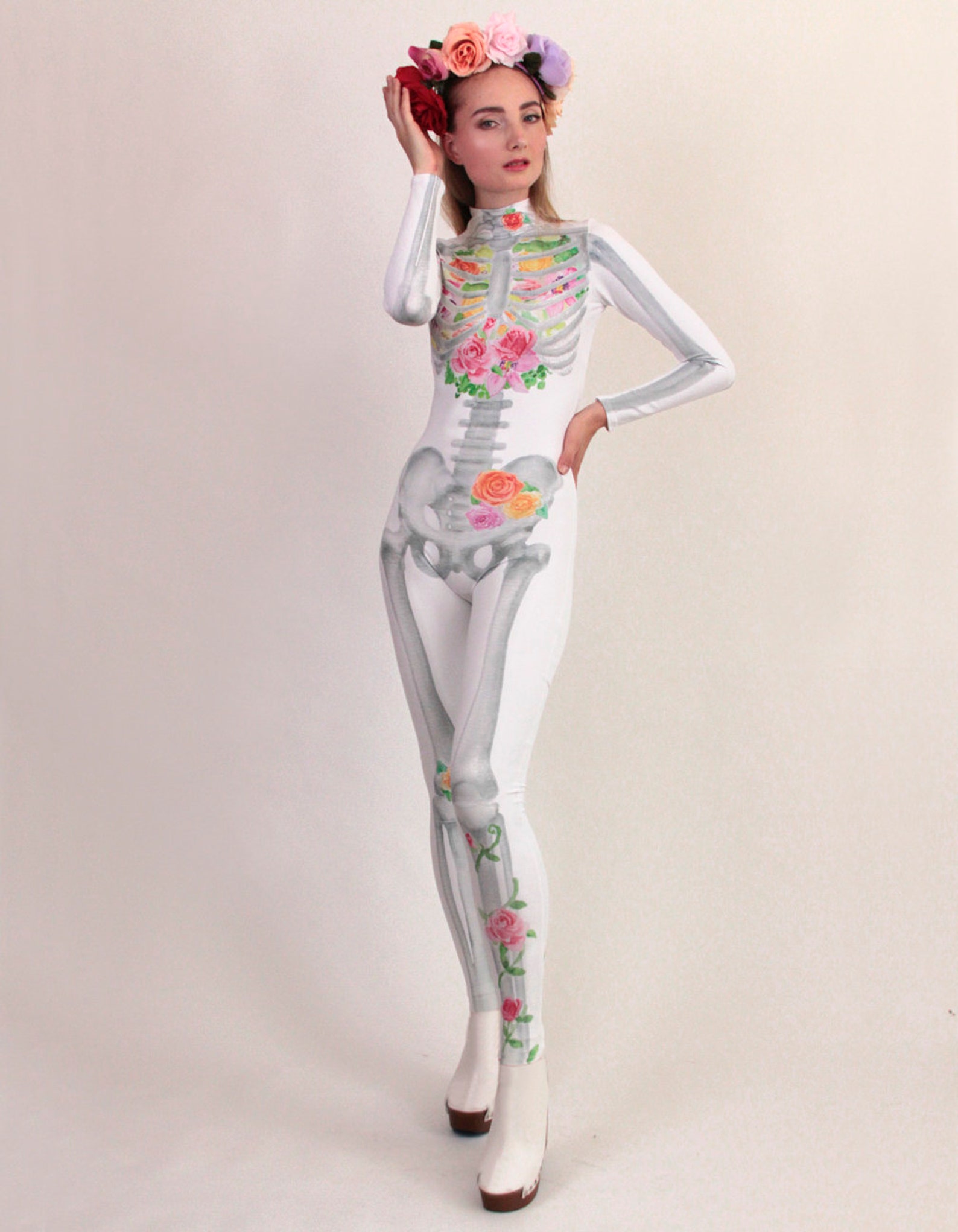 Day of the Dead Skeleton Flowers Watercolor Painting Catsuit Spandex ...