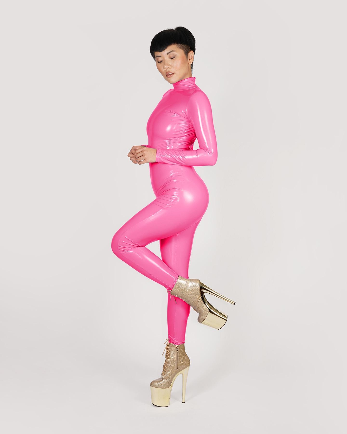 Custom Made Hot Pink Stretch Vinyl Catsuit PU Front Zip Bodysuit Faux ...